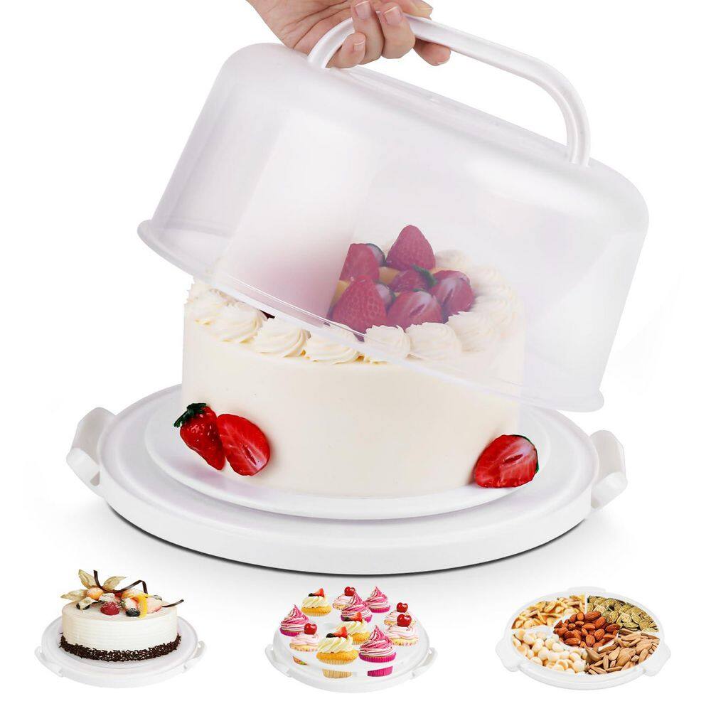 Wudkey 1-Piece Cake Carrier Set with Lid, Two Handles, Round White Cake ...