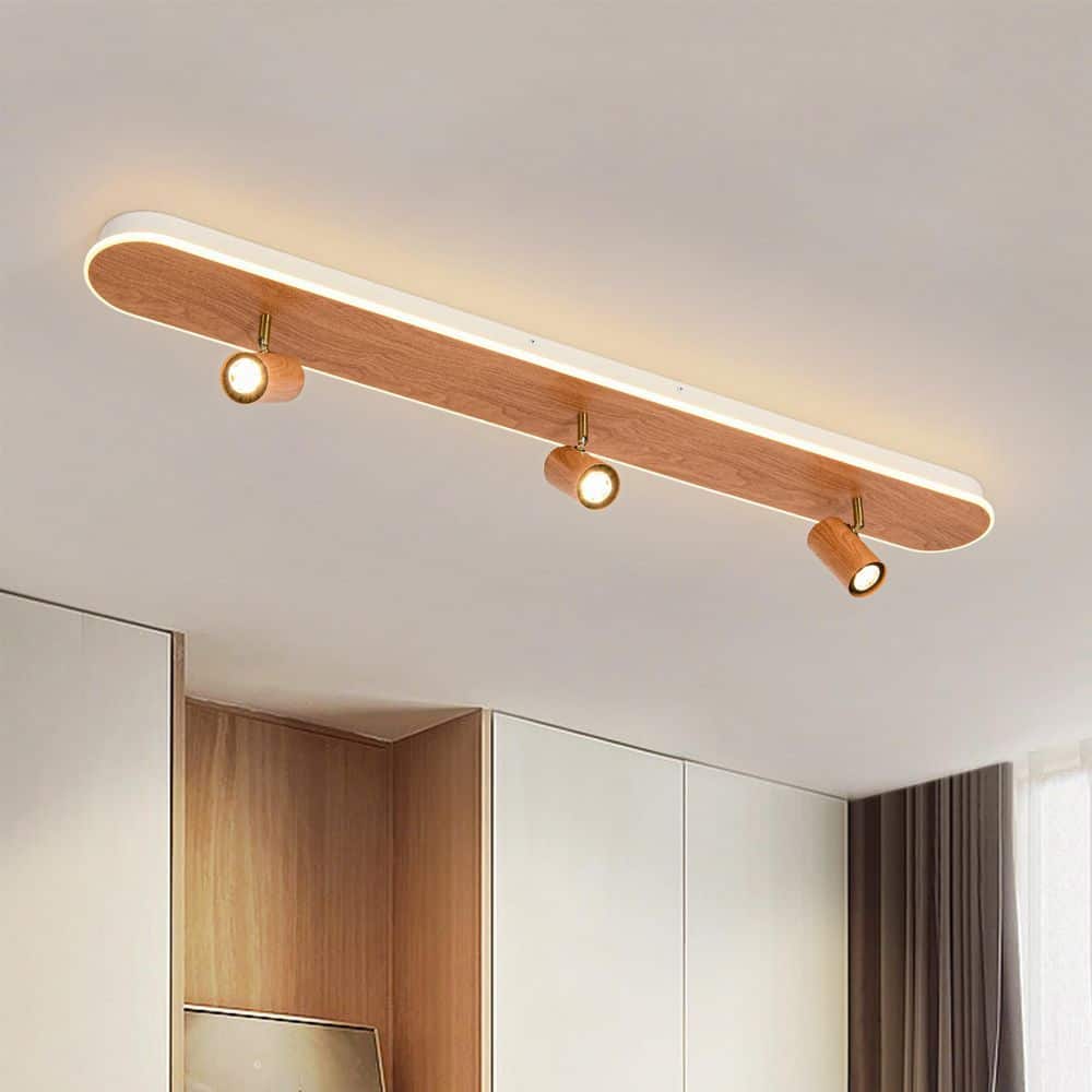 HUOKU Lumin 4-Light 47.2 in.W Rubber Wood-Look Integrated LED Flush ...