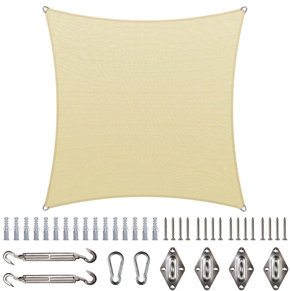18 ft. x 18 ft. Square Pro Ring Sun Shade Sail with Hardware Kit-Beige ...