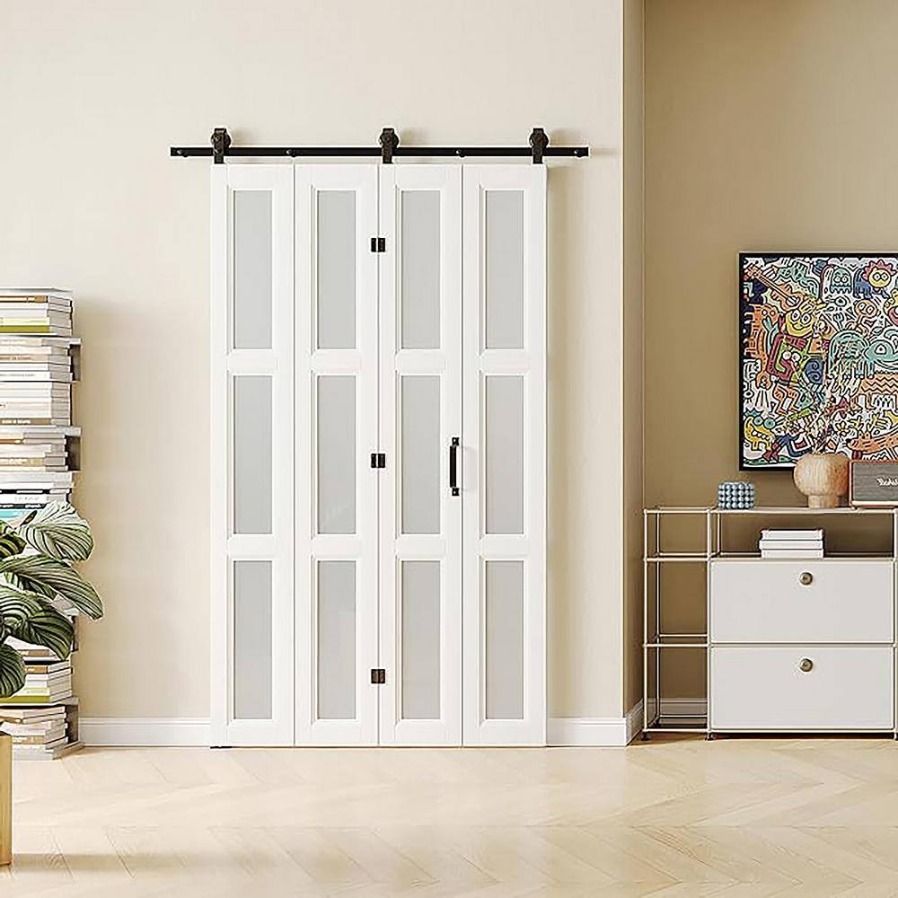 TENONER 48 in. x 84 in. 3-Lite Frosted Glass Panels MDF White Accordion ...