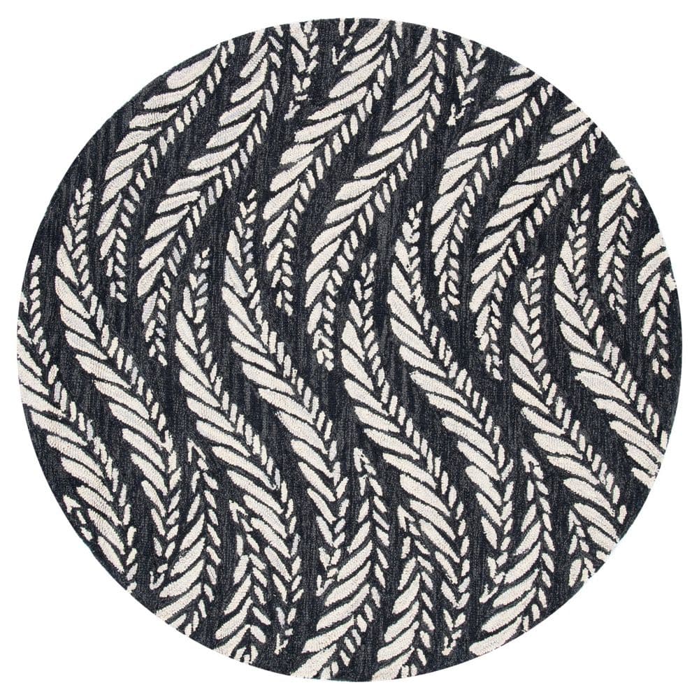SAFAVIEH Micro-Loop Charcoal/Ivory 5 ft. x 5 ft. Floral Striped Round ...