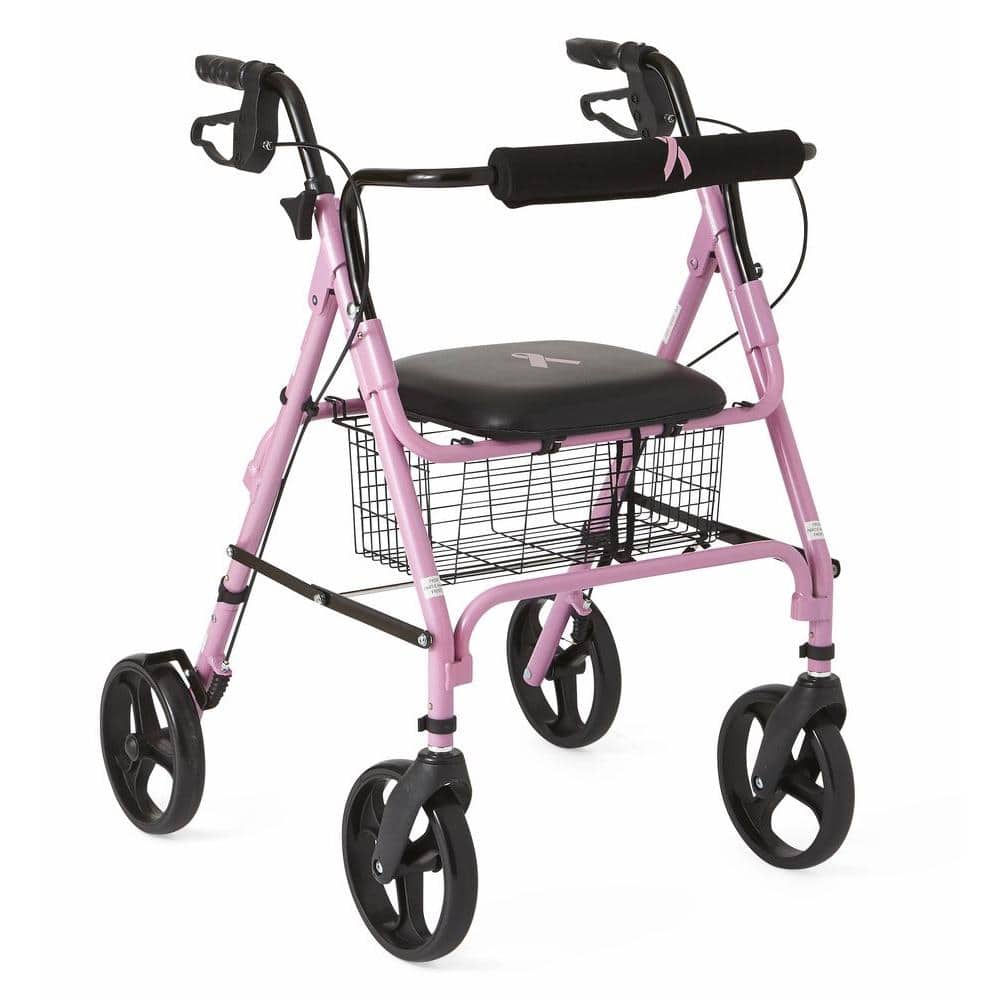 Medline Aluminum Lightweight Folding 4-Wheel Rollator in Pink MDS86825BC