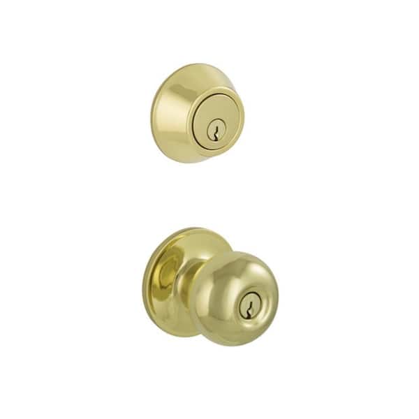 ESSENTIALS by Schlage Jeffir Bright Brass Single Cylinder Deadbolt and ...