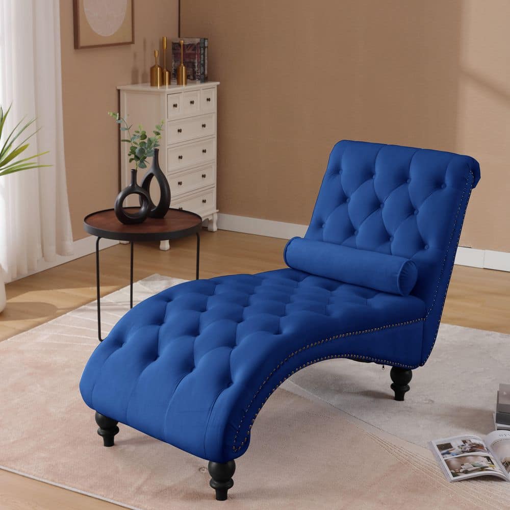Seafuloy Navy Blue Velvet Recliner Chair with Button Tufting and Silver ...