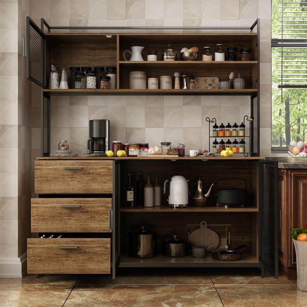 FUFU&GAGA 59 In. W Kitchen Brown Wood Buffet Sideboard Pantry Cabinet For Dining Room With Metal ...