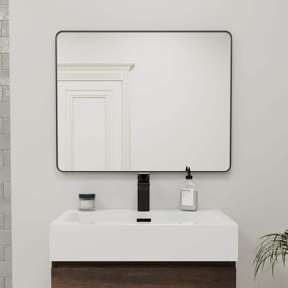 TUNE 40 in. W x 32 in. H Rectangular Black Framed Wall Mount Bathroom Vanity Mirror HDODBYNMR037 ...