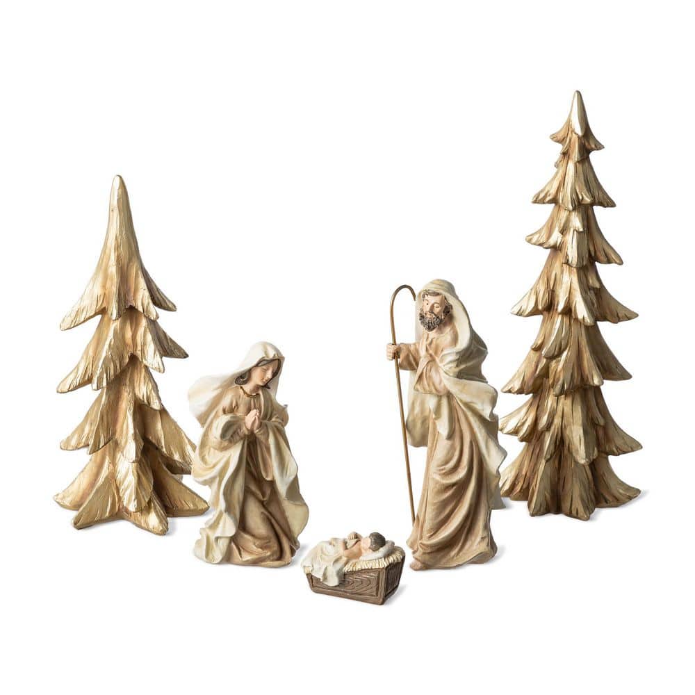 Glitzhome 14 in. Gold Resin Christmas Holy Family with Trees (Set of 5 ...