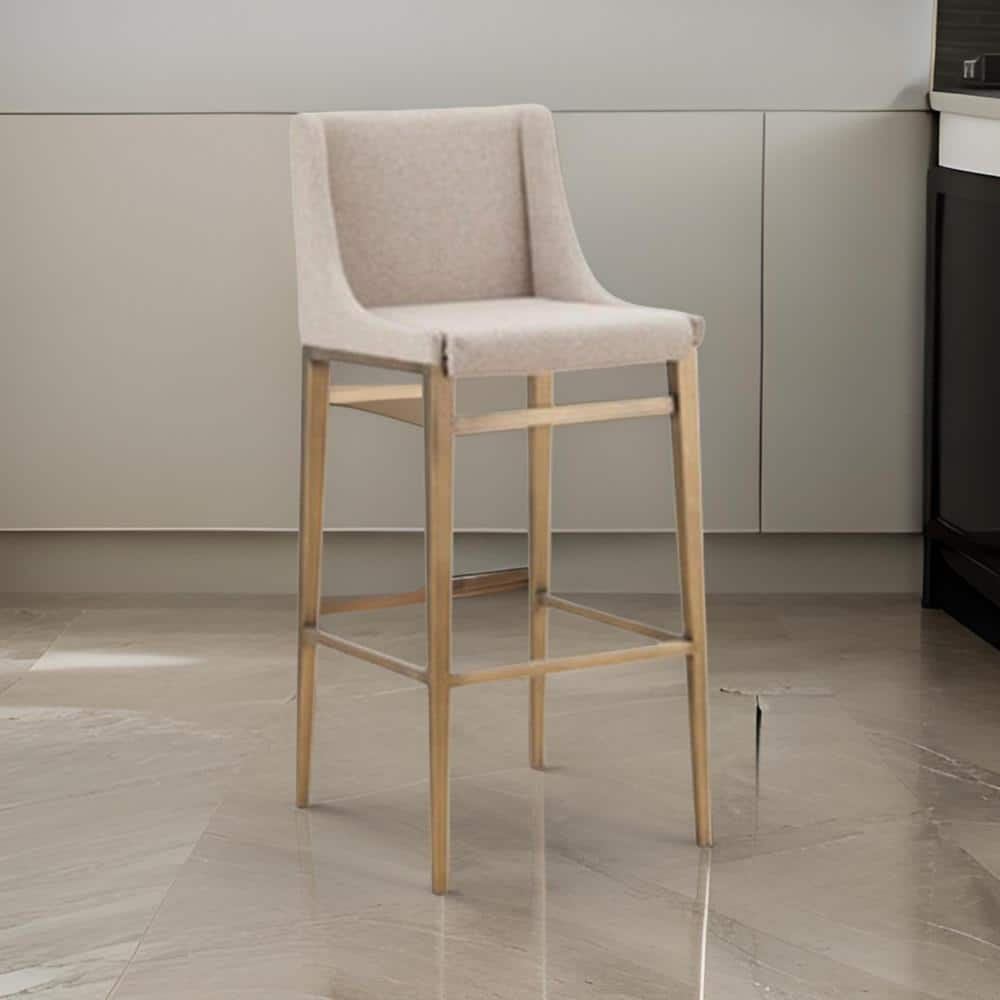 Benjara 26.5 in. Beige and Brass Low Back Metal Frame Bar Stool with ...