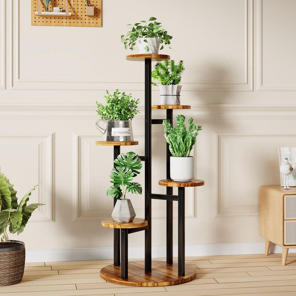 VECELO 6-Tier Plant Stand with Rotating Wood Shelves, 34.65 in. Accent ...