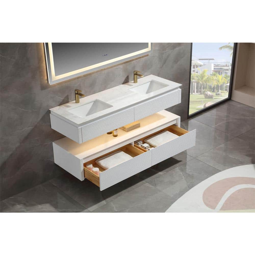 ANGELES HOME 60 in. W x 29.60 in. H x 20.80 in. D Floating Bath Vanity in White with Light ...