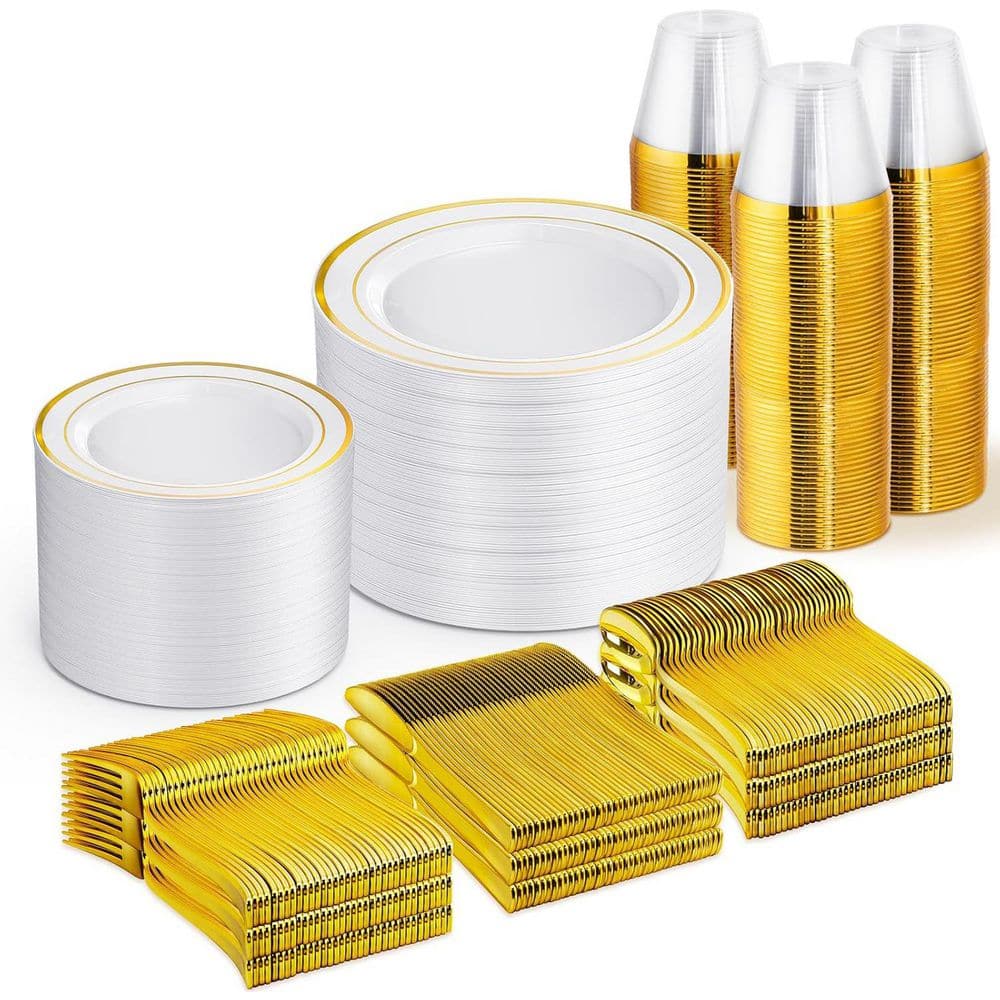 Adrinfly Gold and White Disposable Dinnerware Set for 100-Guests, 100 ...