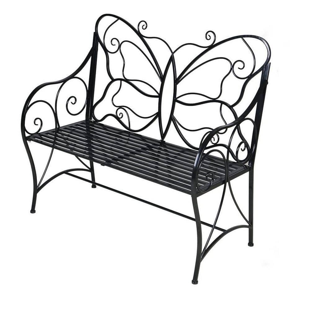 Angel Sar 2-Person Black Metal Outdoor Garden Bench with Butterfly ...