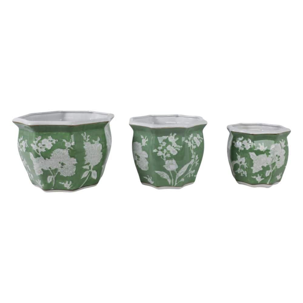 Liv & Skye 8 in. 10 in. and 12 in. Green Ceramic White Flowers ...