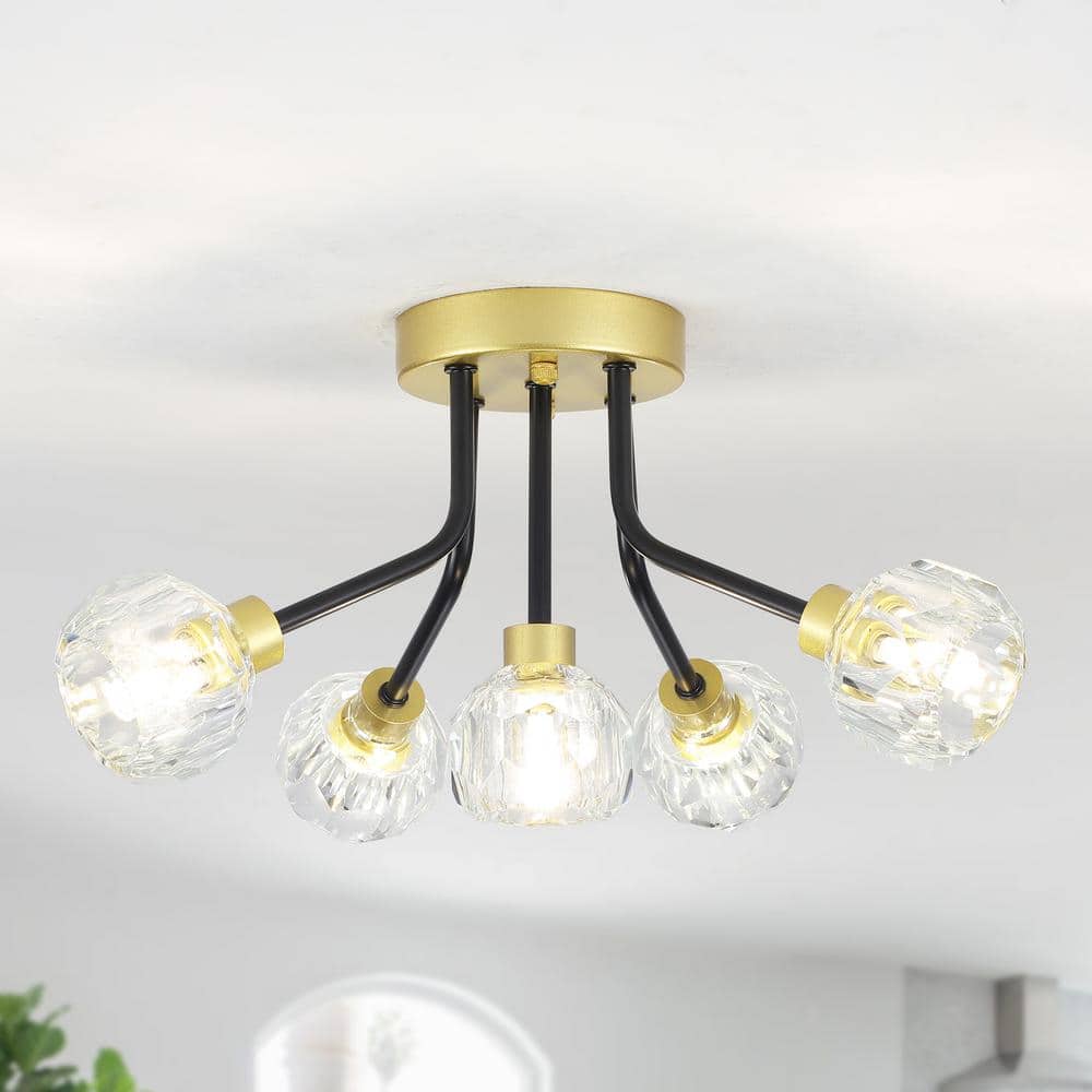 LWYTJO 16.14 in. 5-Light Black/Gold Semi Flush Mount Chandelier for ...