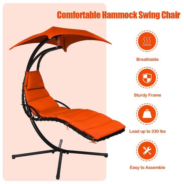 Hanging Stand Chaise Lounger Swing Chair w Pillow Orange