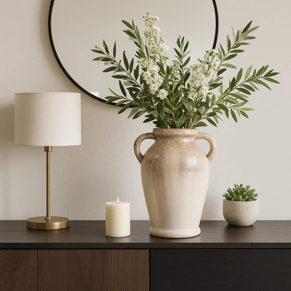 Liv & Skye 12 in. Ivory/Brown Terracotta Textured 2-Handle Decorative ...