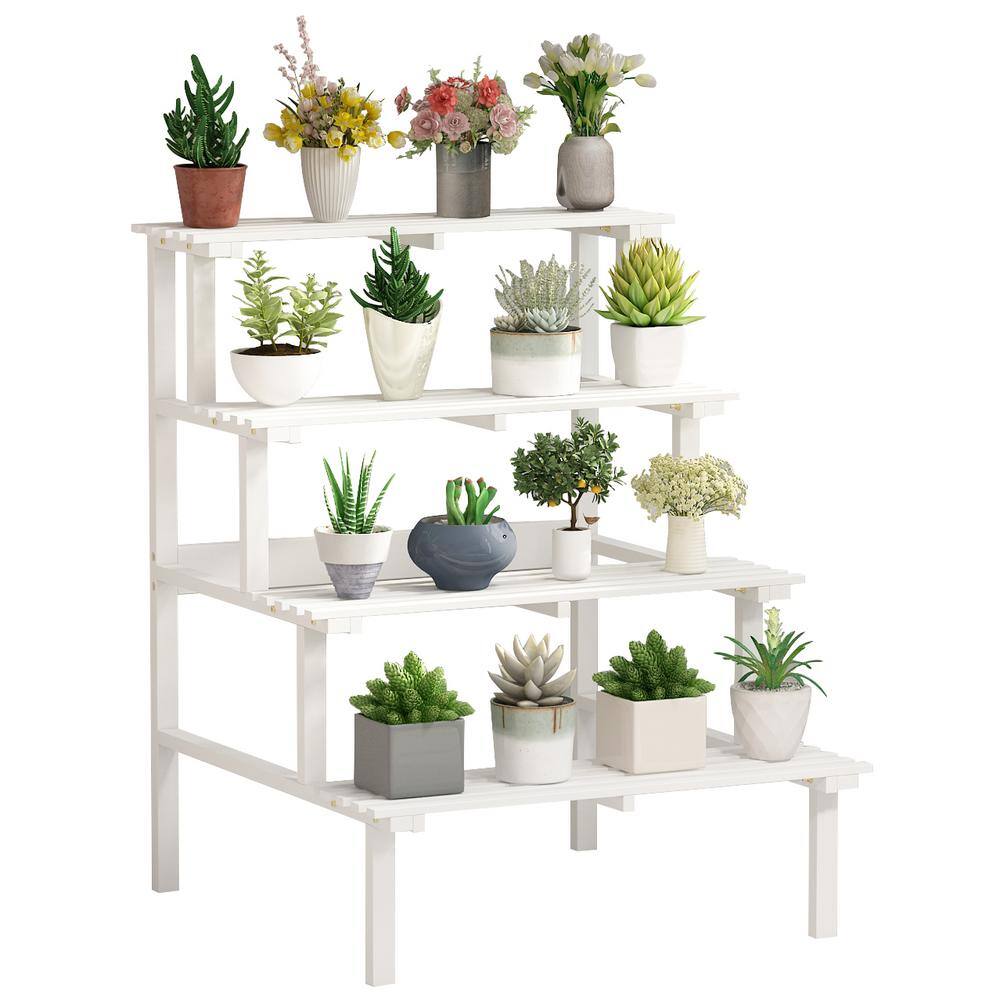 28 in. W x 23.4 in. D x 31 in. H White Wooden 4-Tier Plant Stand ...