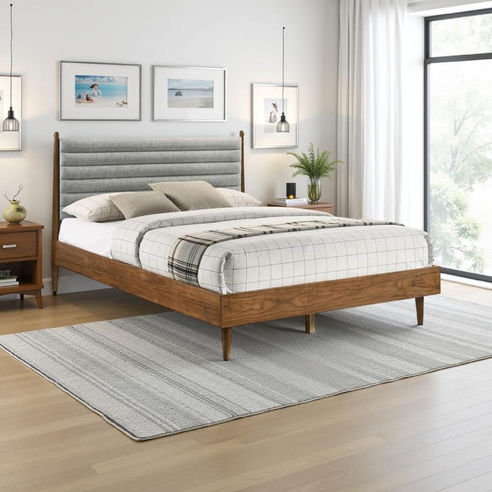 Benjara Mian Brown Wood Frame Queen Size Platform Bed with Upholstery BM308843 - The Home Depot