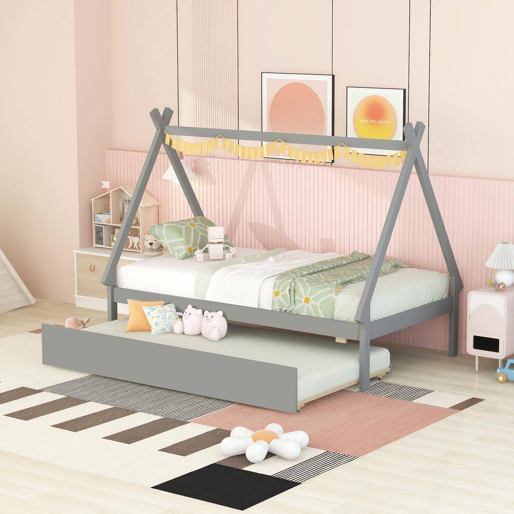Harper & Bright Designs Tent Style Gray Wood Frame Twin Size Platform ...