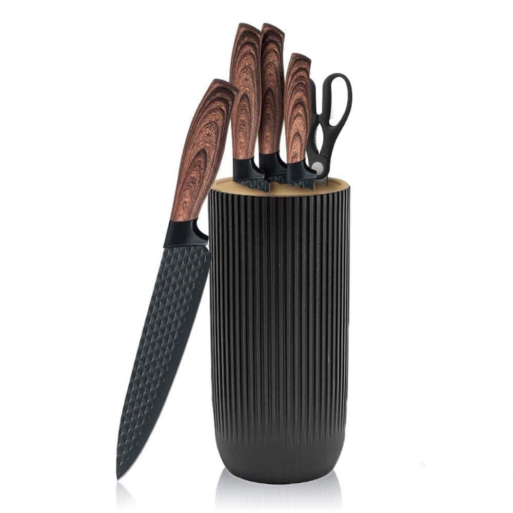 Wudkey 6-Piece Stainless Steel Black Kitchen Knife Set with Knife Block ...