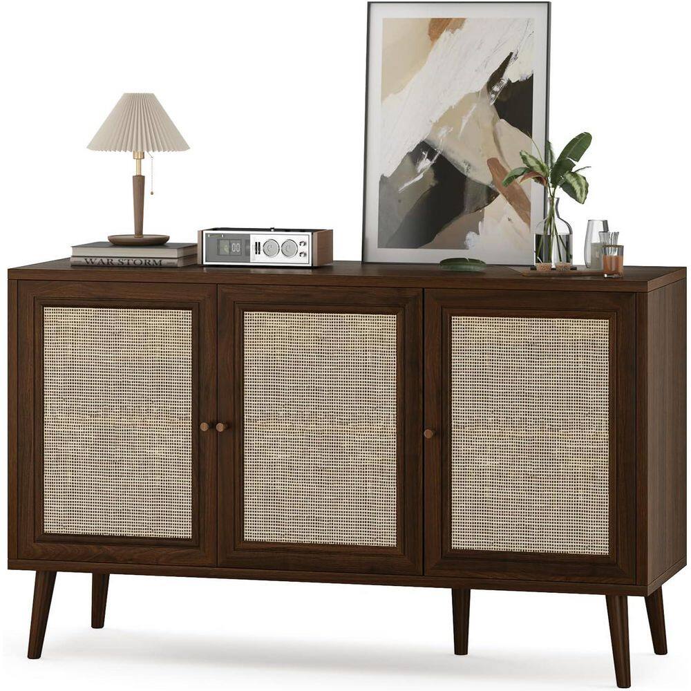 Lirago Walnut 47 in. Display Cabinet with 3 Rattan Doors, Kitchen ...