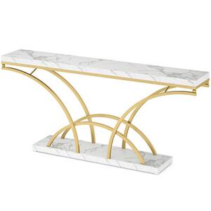 BYBLIGHT Turrella 70.8 in. White Gold Rectangle Wood Console Table ...