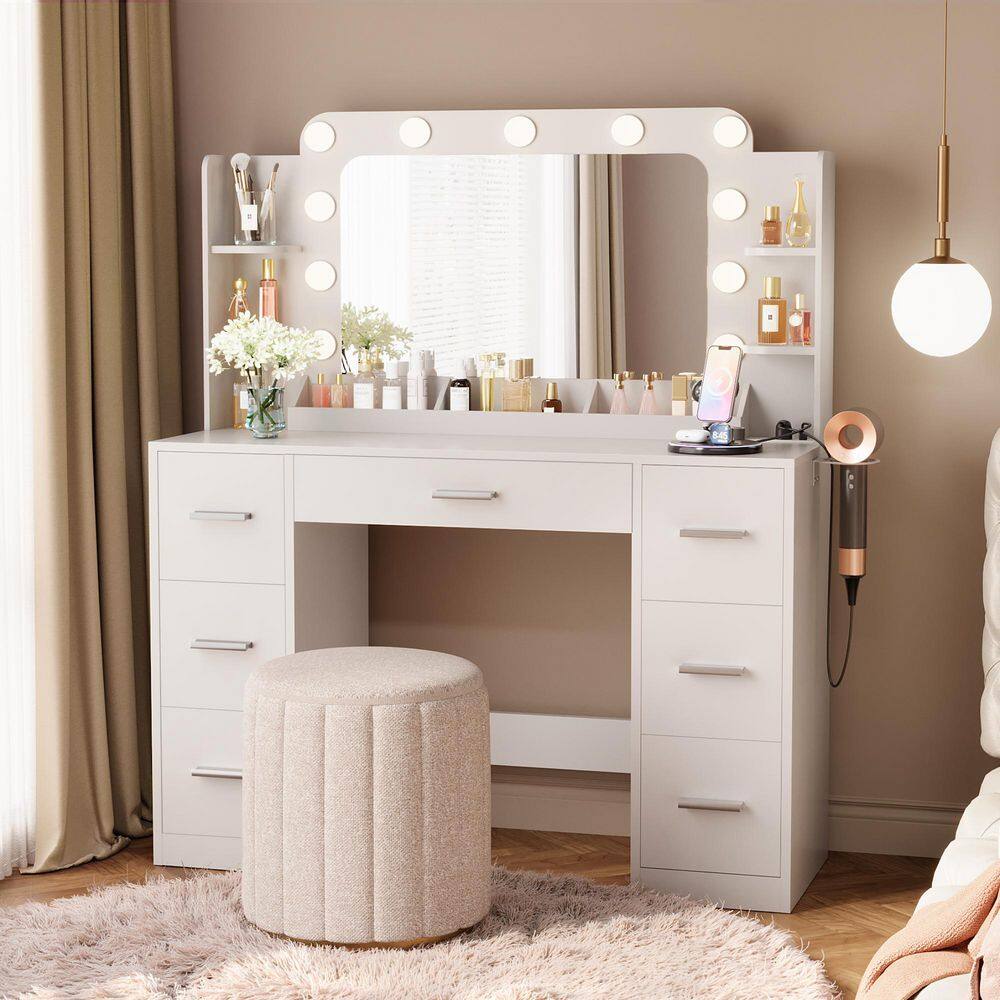 LACOO Vanity Desk with Large Lighted Mirror, Power Outlet and 11-Lights ...