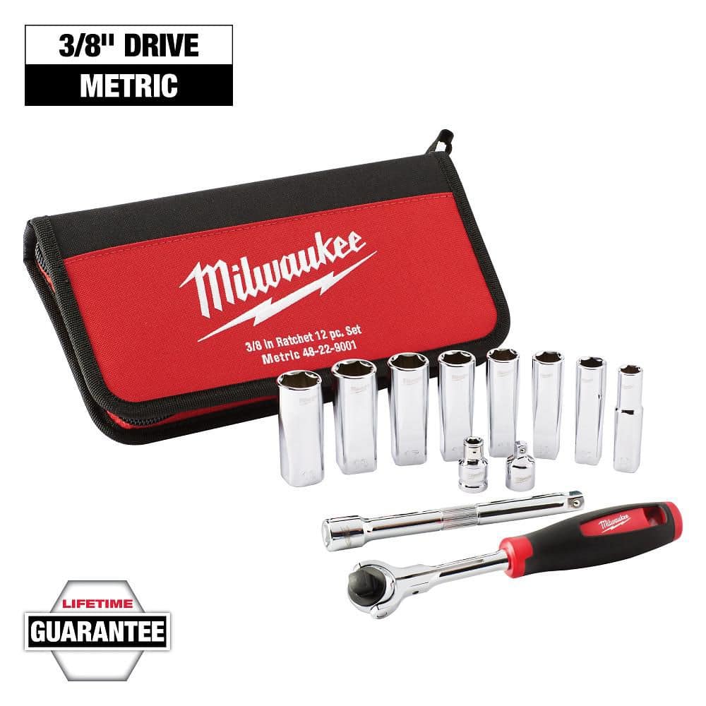Milwaukee 3/8 in. Drive Metric Ratchet & Socket Set (12-Piece) 48-22 ...