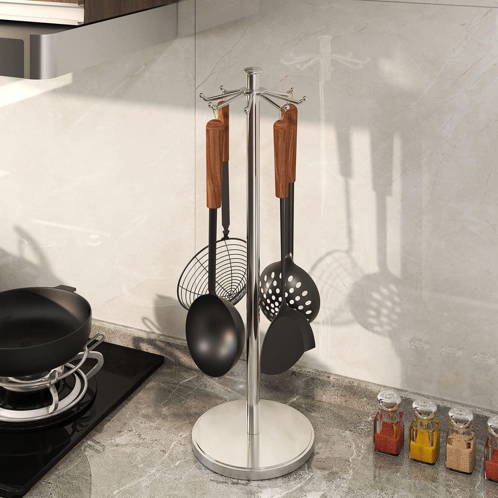 Wudkey Stainless Steel Rotatable Cooking Chrome Utensils Holder with 8 ...