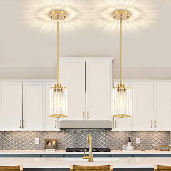 ZSMIHDOH 1-Light Gold Modern Cylinder Pendant Light with Crystal Glass ...