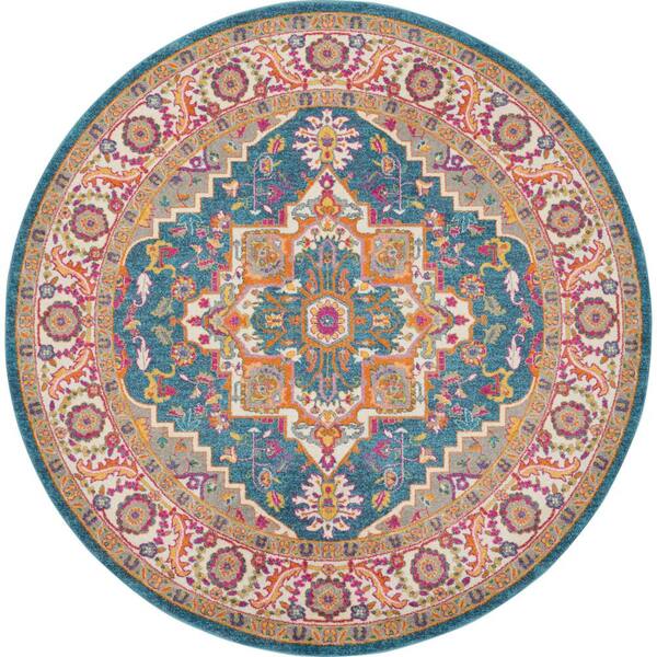 Nourison Passion Teal/Multicolor 8 ft. x 8 ft. Persian Bohemian Round ...