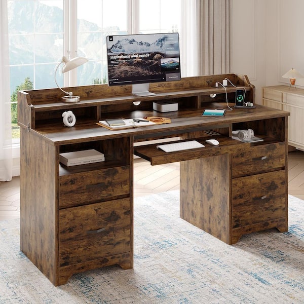 Bestier 59 in. Rustic Brown Computer Desk with Charging Station, 4 ...