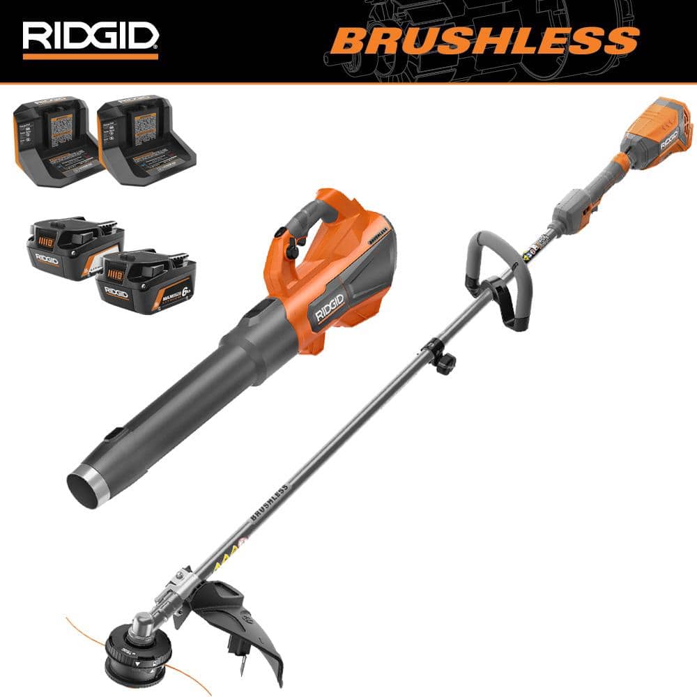 RYOBI 18V Brushless 14 in. Cordless String Trimmer and Cordless Leaf ...