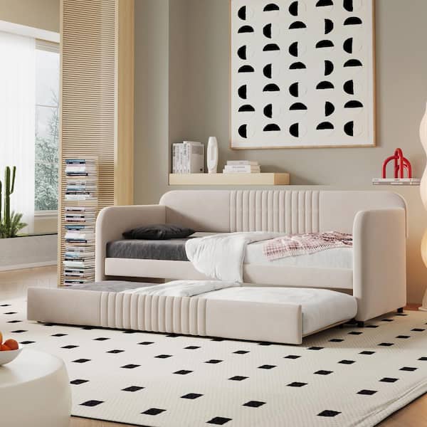 Harper And Bright Designs Beige Twin Size Velvet Upholstered Daybed With