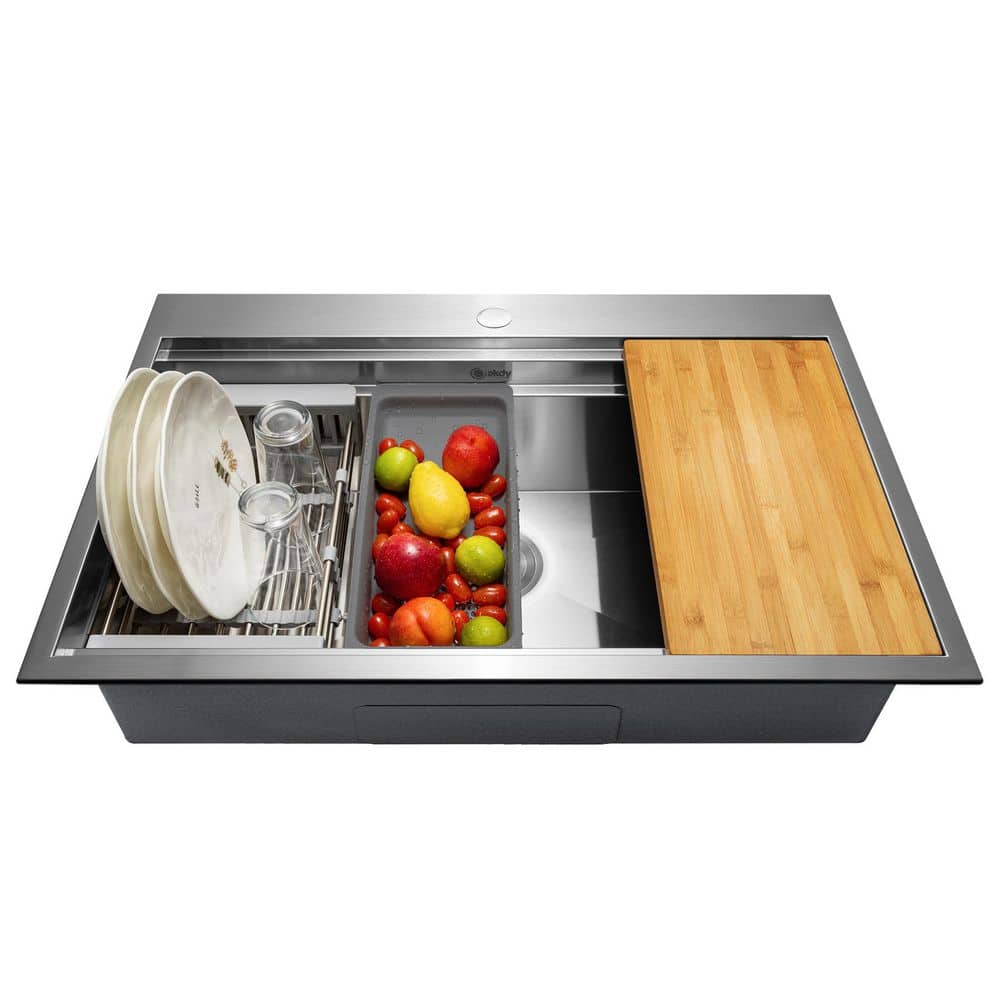 AKDY 30 in. Drop-in Single Bowl Brushed Stainless Steel Workstation ...