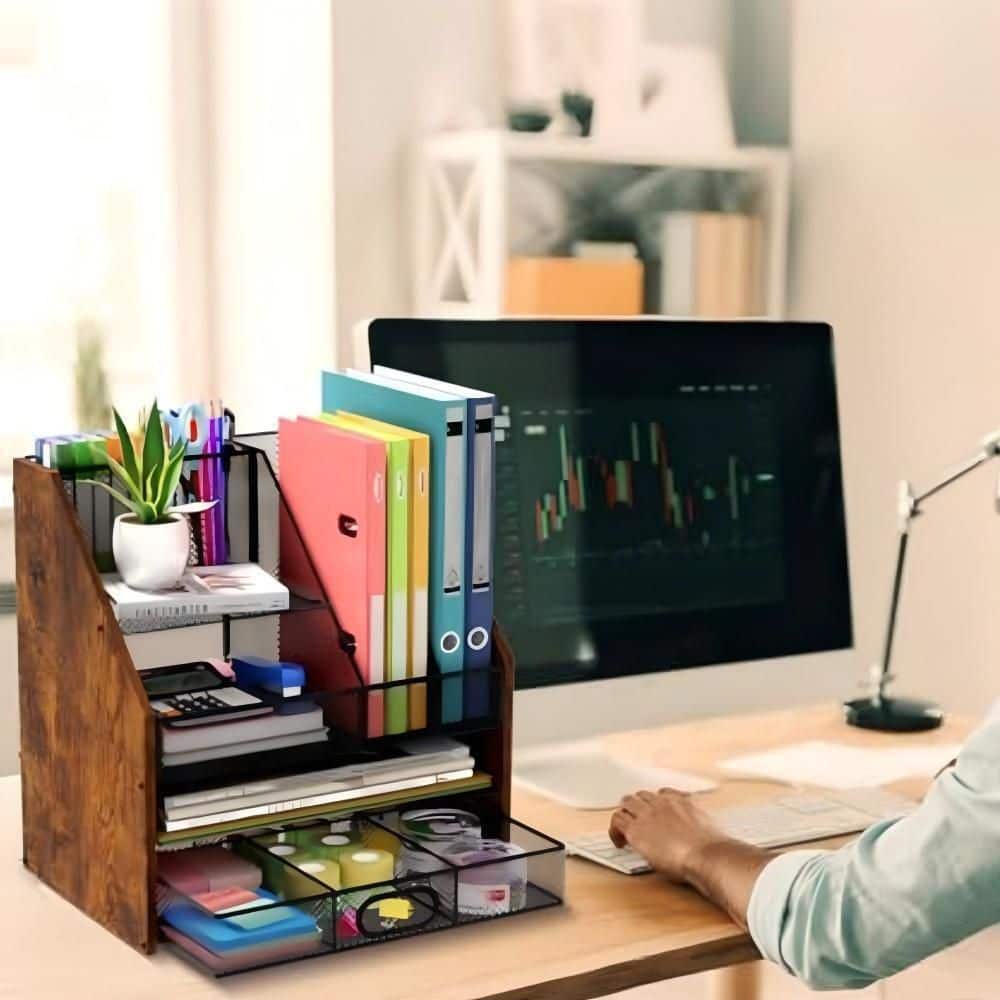Brown 15 in. x 16 in. Wood Mesh Desk File Organizer HDF1SGKP13 - The ...