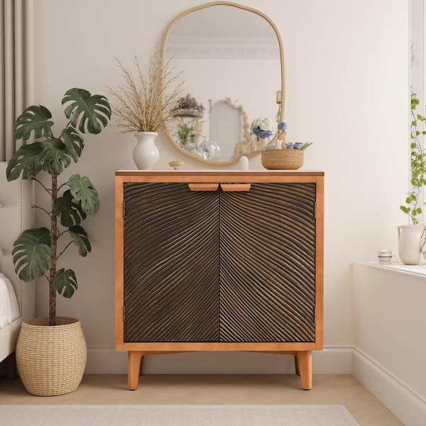 Unbranded Rich Brown 31.5 in. H Vintage Textured Storage Accent Cabinet with 2 Door and Wood Handles AH 2D B 012