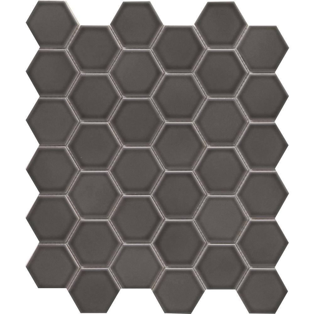 EMSER TILE Savvy Pewter 11 in. x 12 in. Hexagon Glossy Porcelain Mosaic ...