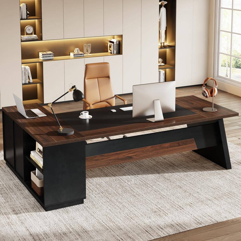 BYBLIGHT Capen 78 in. L Shaped Walnut and Black Wood Executive Desk ...