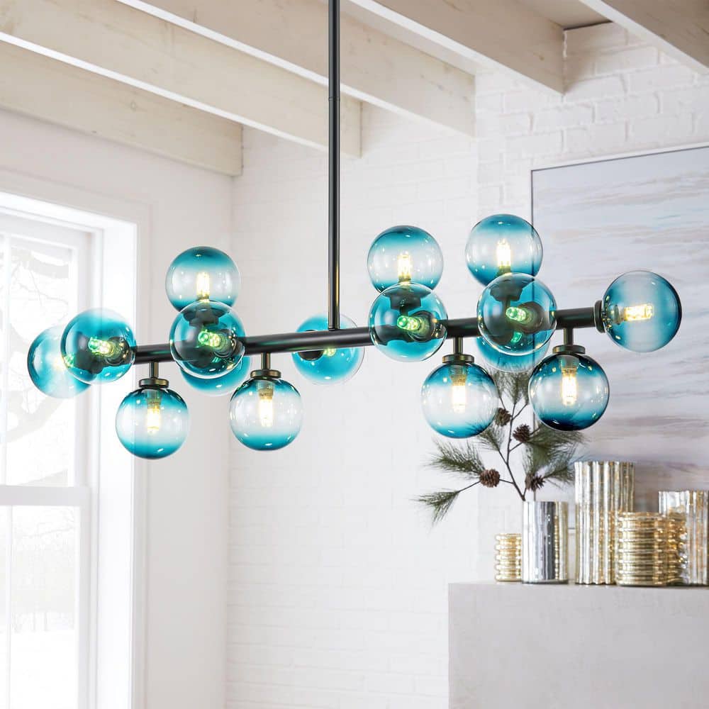 RRTYO Bartlett 16-Light Black Modern Linear Cluster Gradient Blue Glass ...