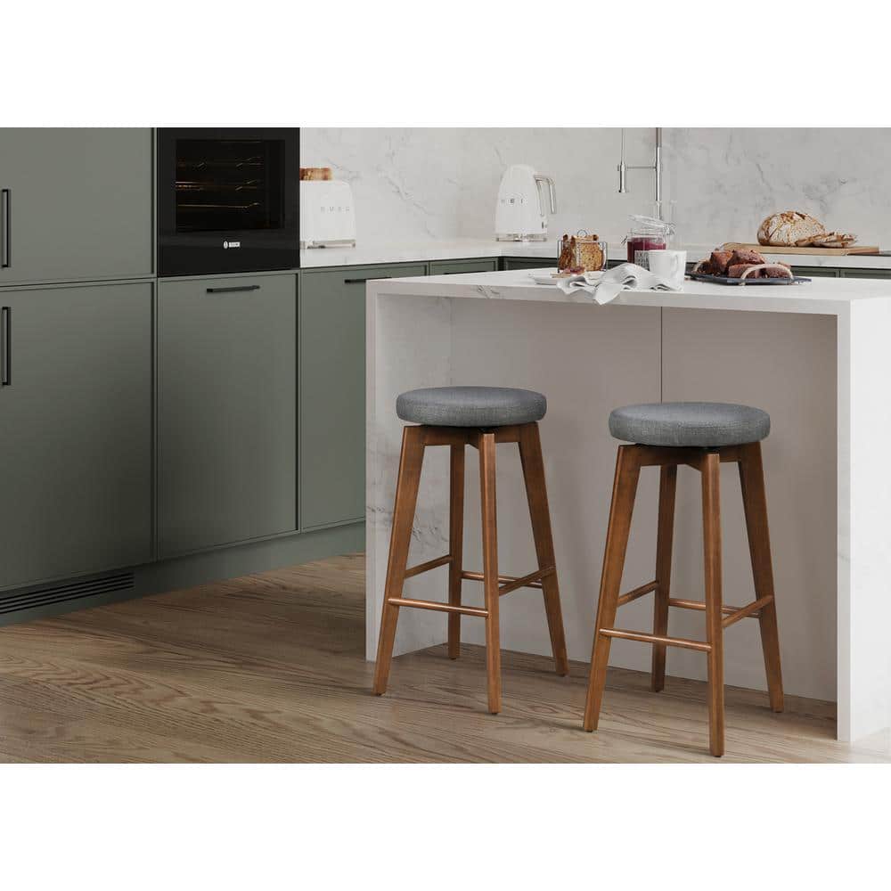 LuXeo Serena 29 in. Walnut Leg Backless Wood Bar Stool with Gray Fabric ...