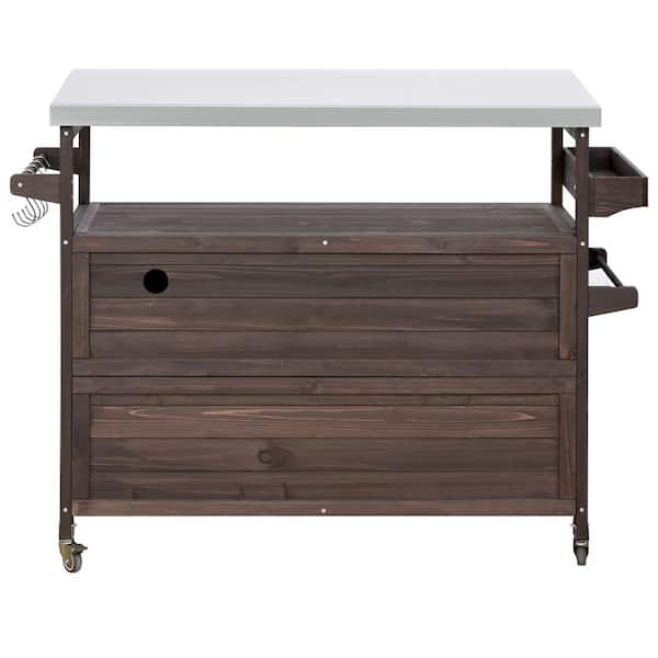 Dark Brown Outdoor Kitchen Cart with Stainless Steel Top, Spice Rack ...