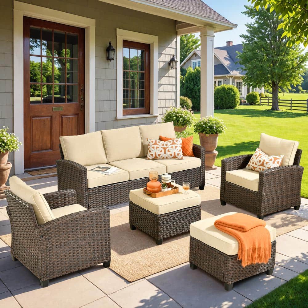 OVIOS Pirani Brown 5-Piece Wicker Outdoor Patio Conversation Seating ...