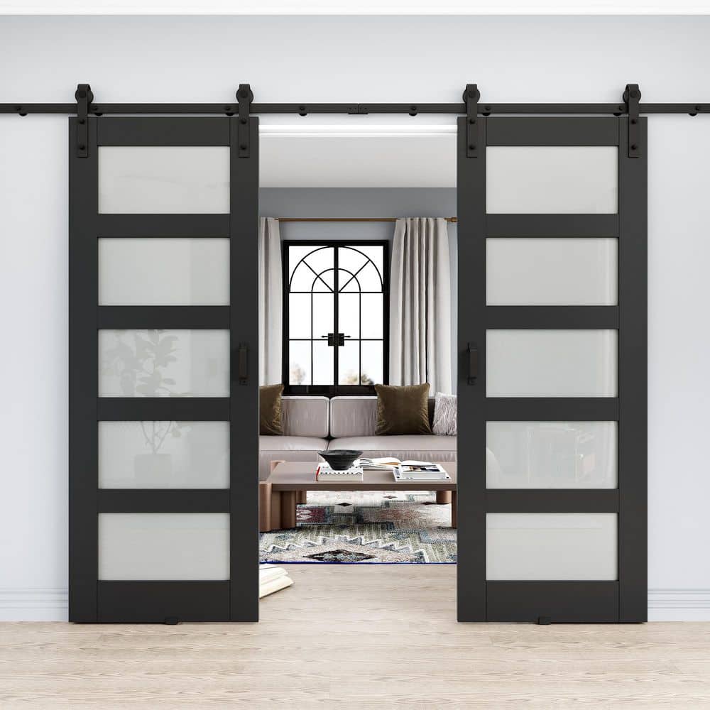 EH PUERTA 64 in. x 80 in. 5-Lite Frosted Glass Black Finished MDF ...