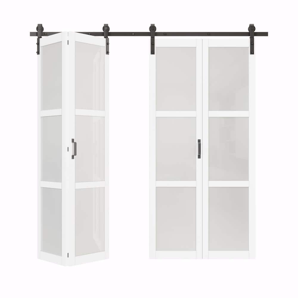 ARK DESIGN 80 in. x 84 in. 3-Lite Tempered Frosted Glass White Primed ...