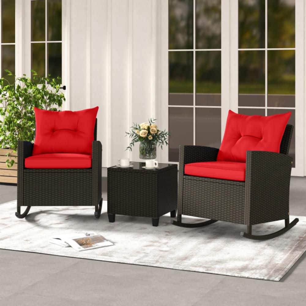 Kadehome 3-Piece Patio Rattan Wicker Outdoor Rocking Chair with Red ...