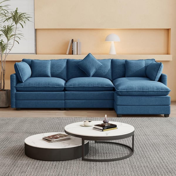 Nestfair 111.4 in. L Shaped Chenille Upholstered Modern Sectional Sofa in Blue with Ottoman and 5 Pillows SC0060C