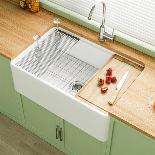 HOMLYLINK Workstation Kitchen Sink 33 in. White Porcelain Farmhouse ...