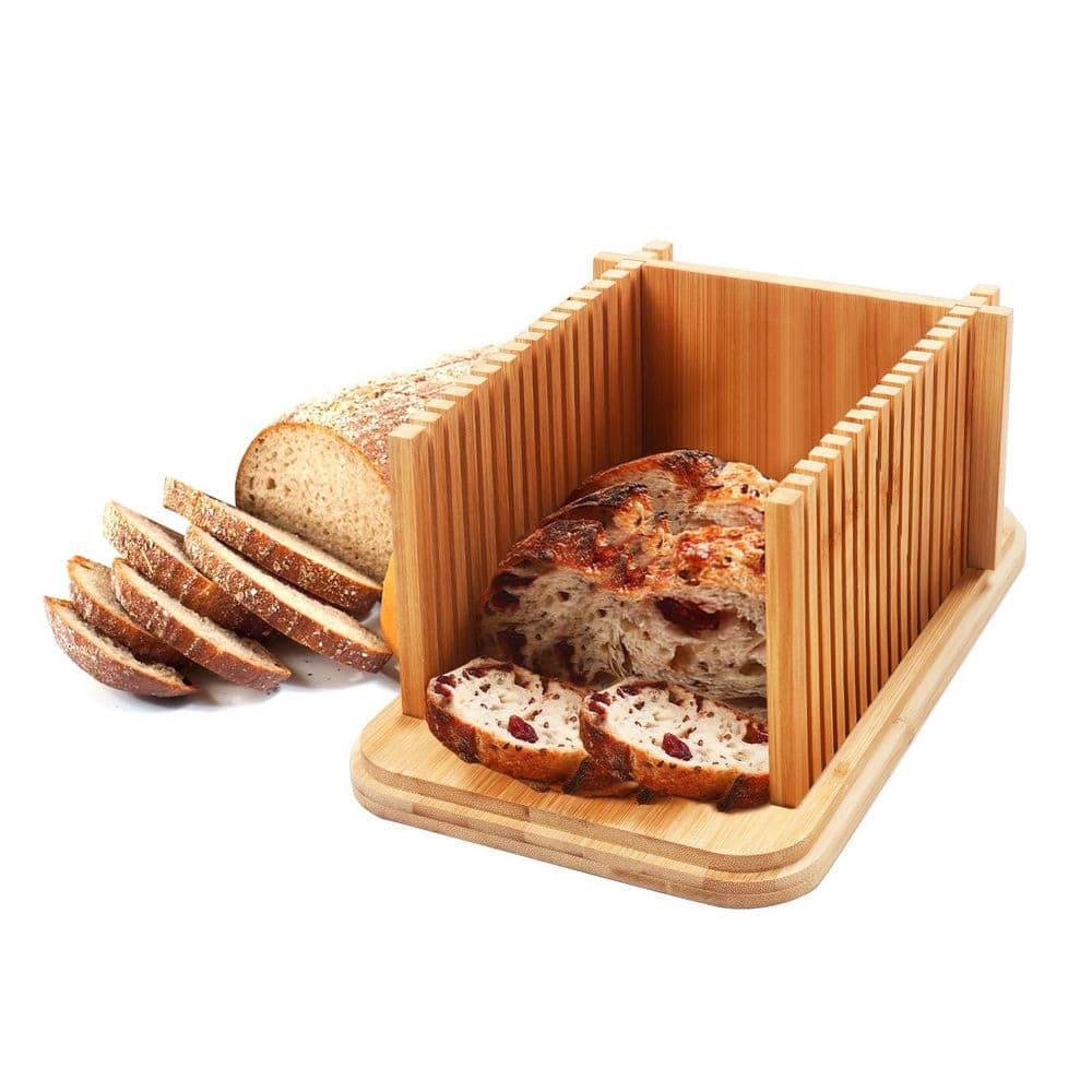 Anqtovp 9.8 in Wood Bread Slicer Adjustable Bread Cutter with Crumb ...