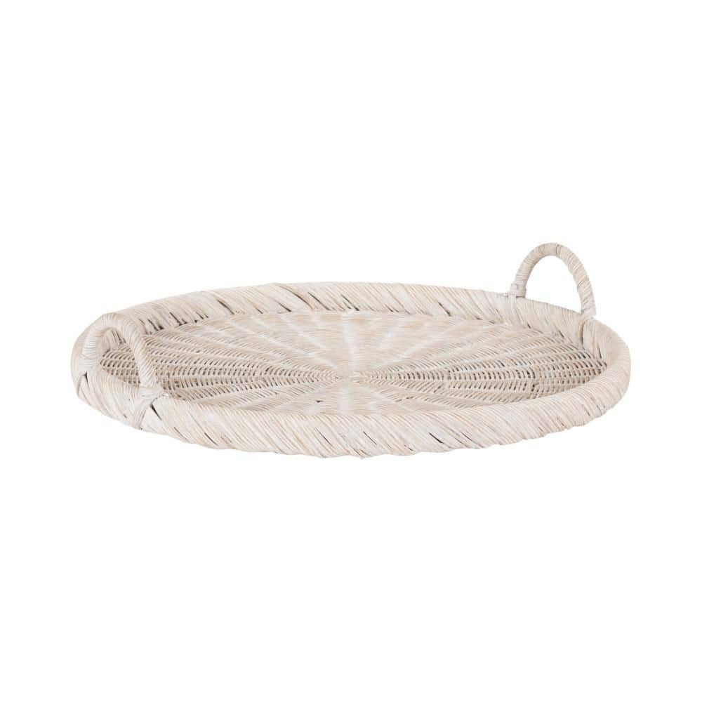 Kate and Laurel Cormont White Round 22 in. Rattan Decorative Tray 229248 - The Home Depot